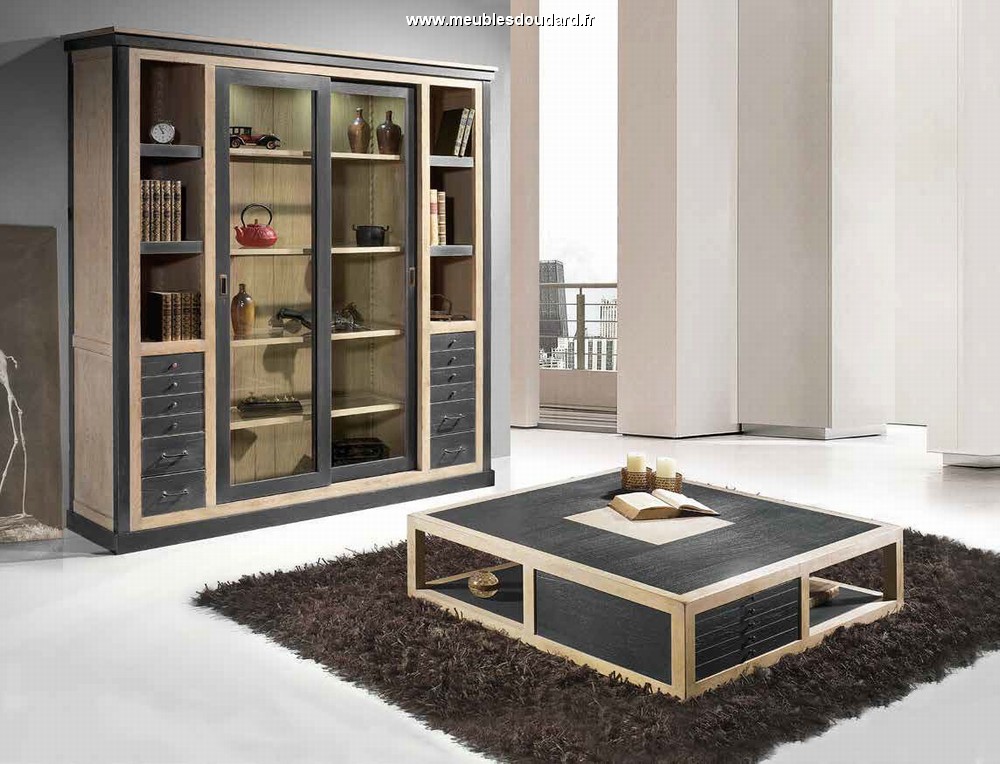 Bibliothèque moderne en bois massif à portes coulissantes